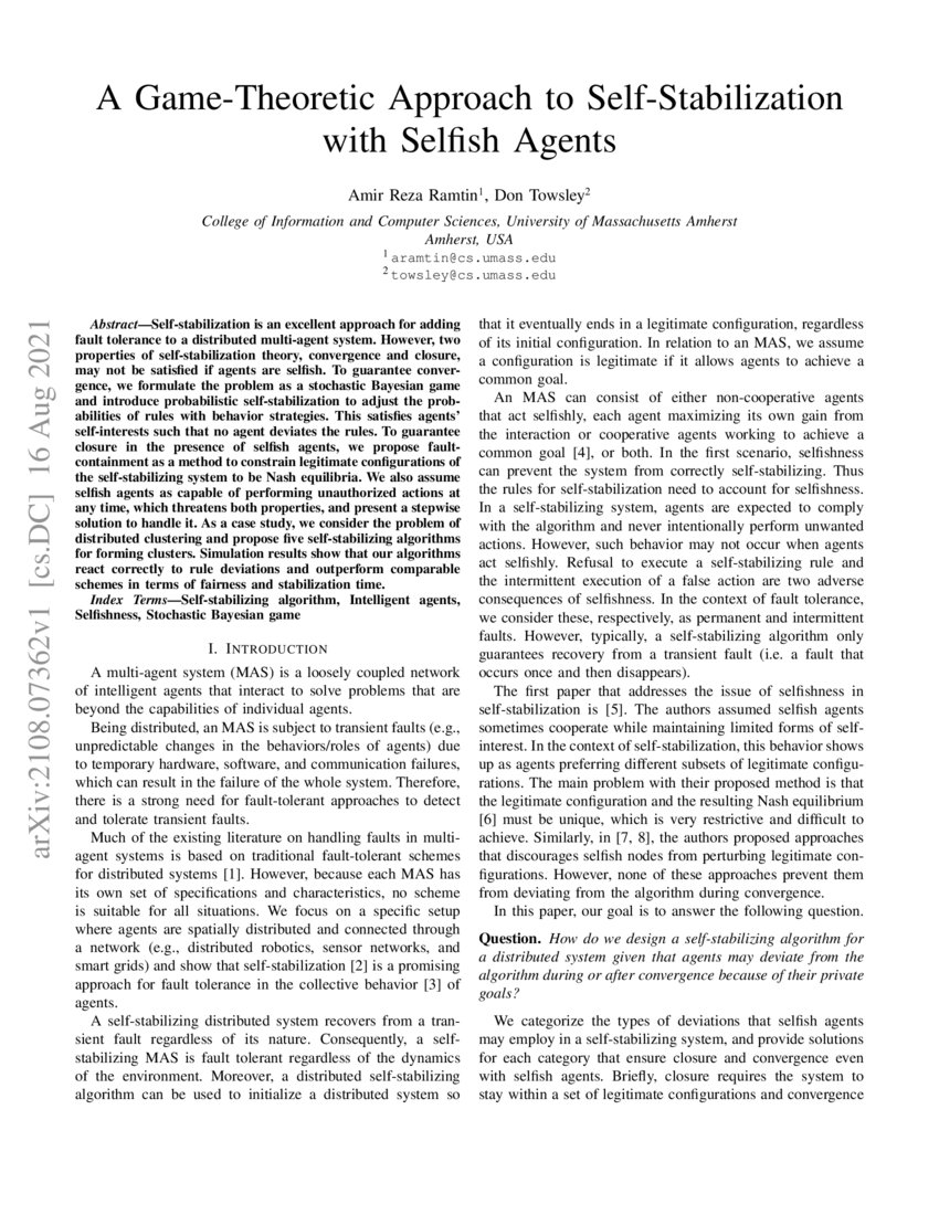 A Game-Theoretic Approach to Self-Stabilization with Selfish Agents ...