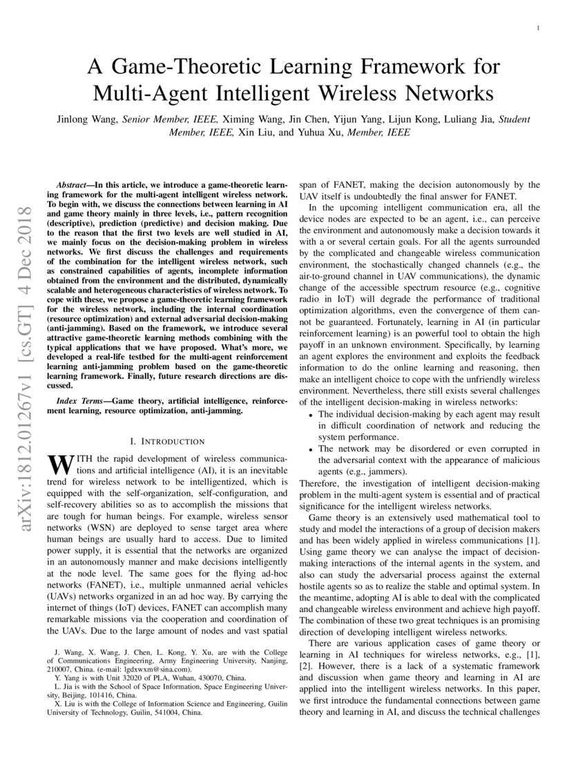 A Game-Theoretic Learning Framework for Multi-Agent Intelligent Wireless Networks | DeepAI
