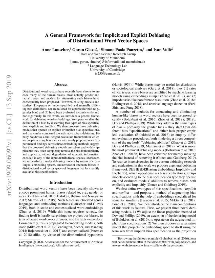 A General Framework For Implicit And Explicit Debiasing Of Distributional Word Vector Spaces