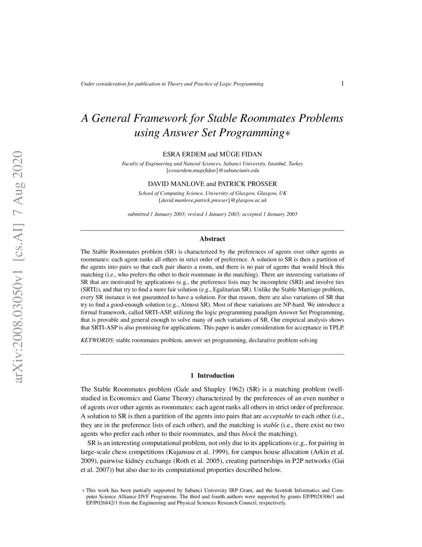 A General Framework for Stable Roommates Problems using Answer Set ...