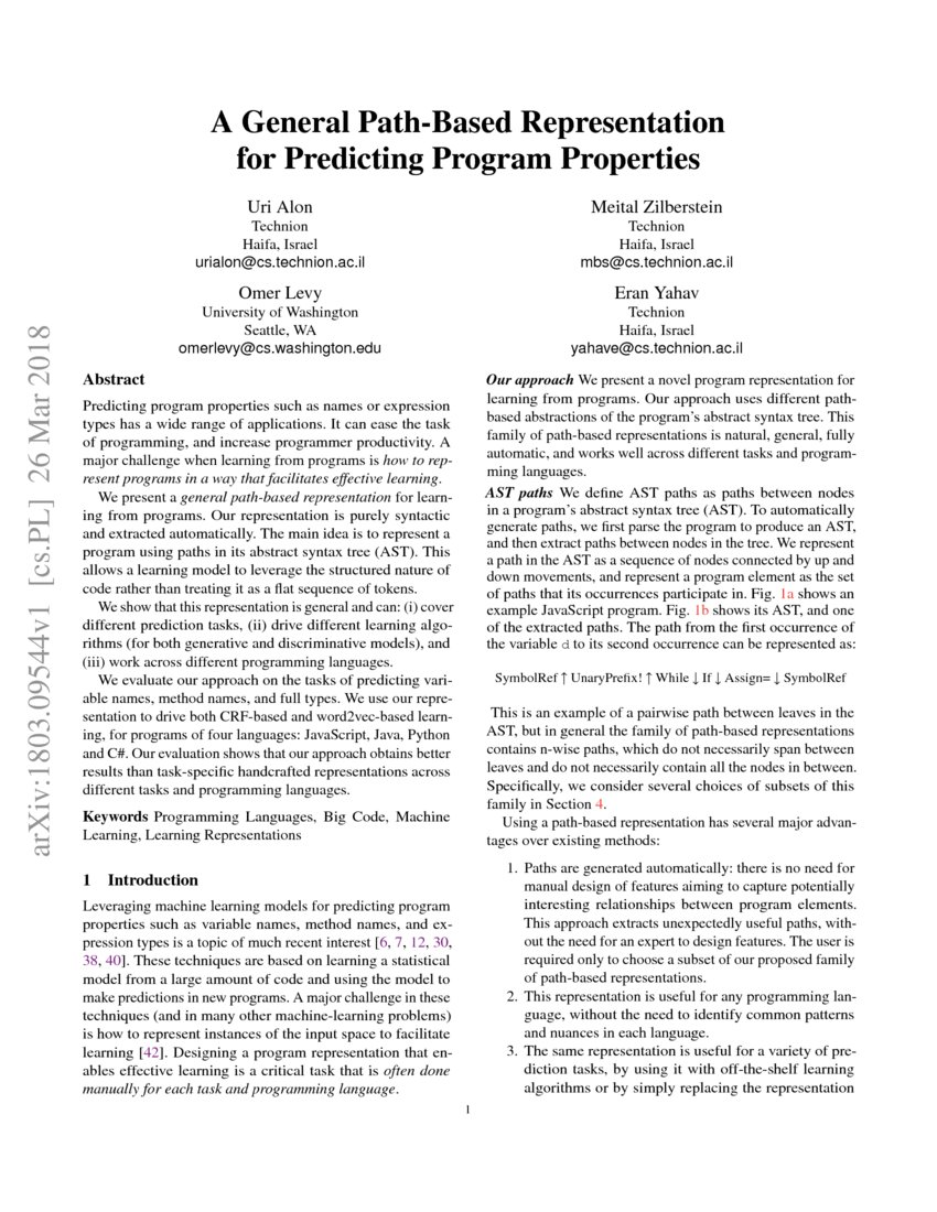 A General Path-Based Representation for Predicting Program Properties | DeepAI