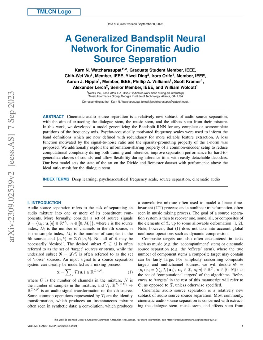 A Generalized Bandsplit Neural Network For Cinematic Audio Source Separation Deepai