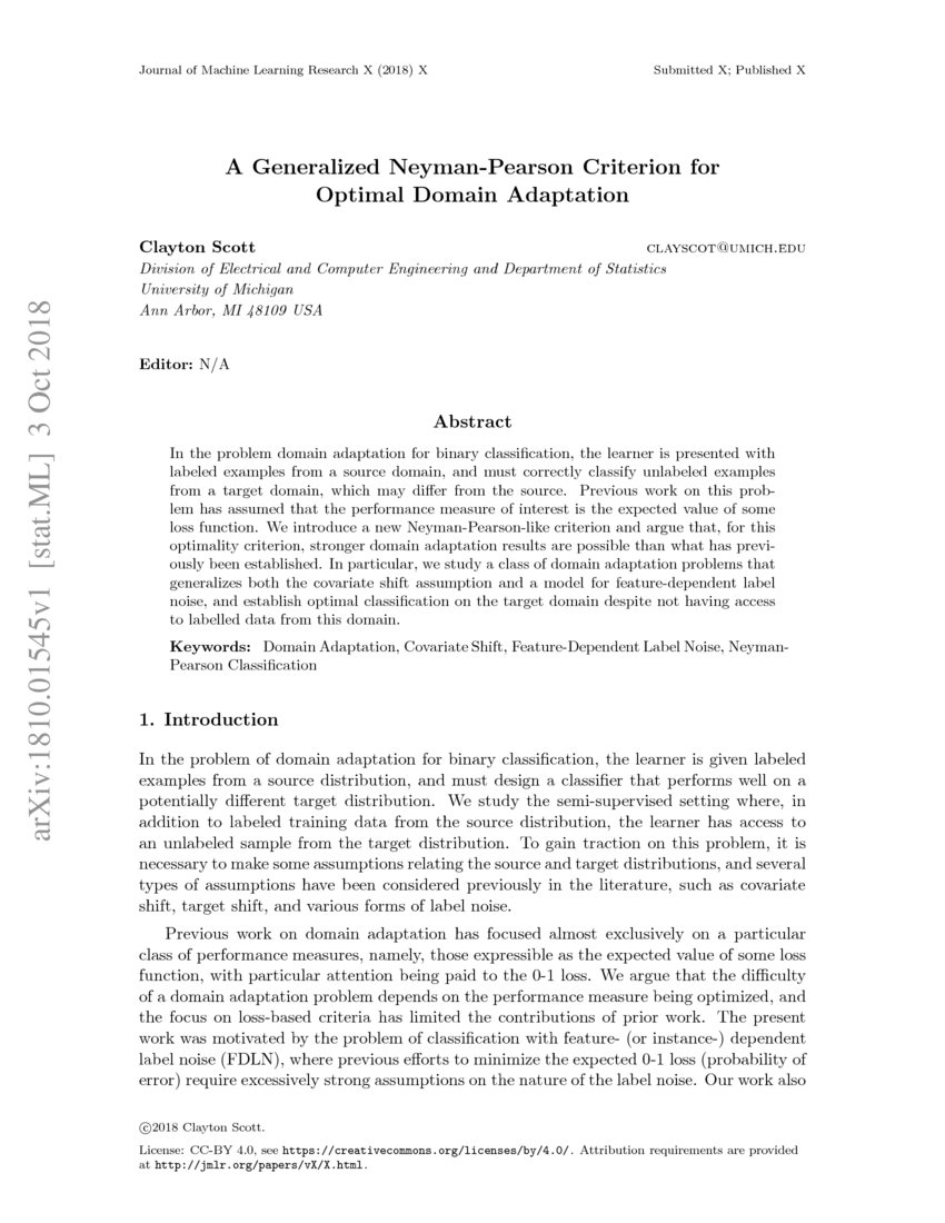 A Generalized Neyman Pearson Criterion For Optimal Domain Adaptation Deepai