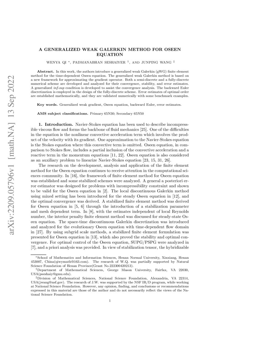 A Generalized Weak Galerkin method for Oseen equation | DeepAI