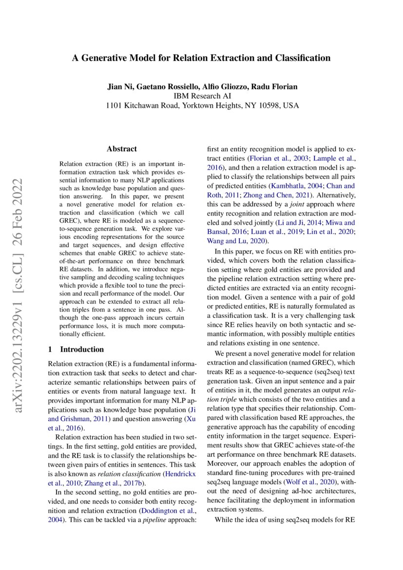 A Generative Model For Relation Extraction And Classification Deepai