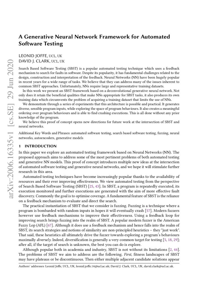 A Generative Neural Network Framework for Automated Software Testing ...