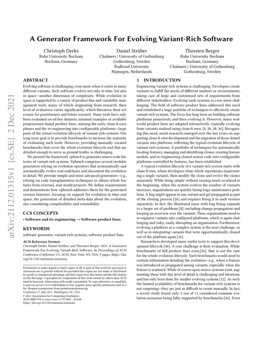 A Generator Framework For Evolving Variant-Rich Software | DeepAI