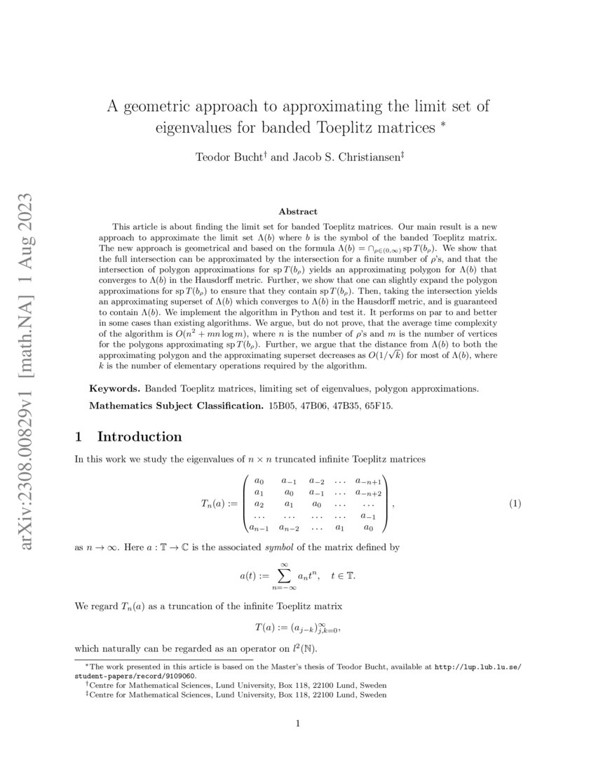 A geometric approach to approximating the limit set of eigenvalues for banded Toeplitz matrices ...