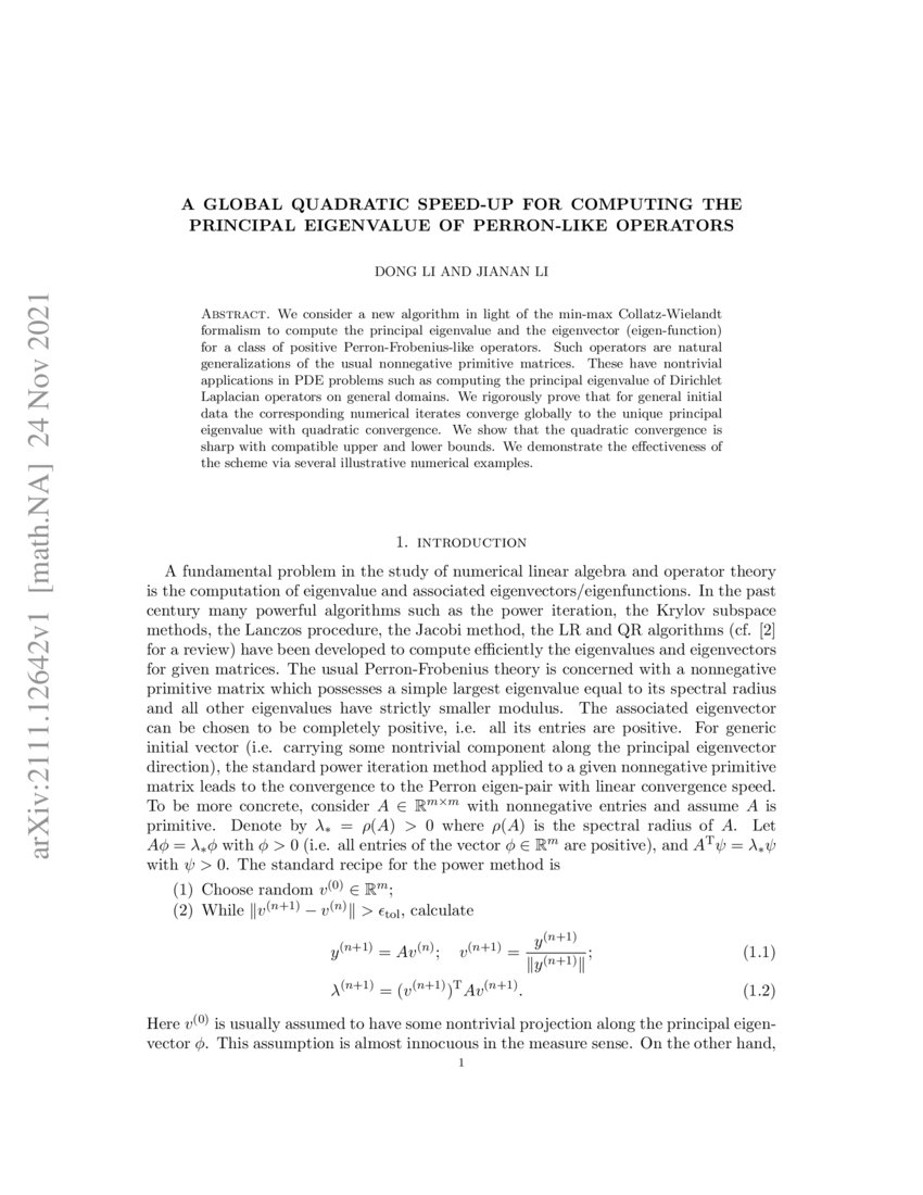 A global quadratic speed-up for computing the principal eigenvalue of ...