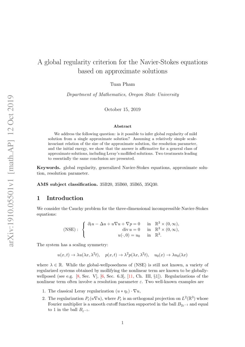 A Global Regularity Criterion For The Navier Stokes Equations Based On Approximate Solutions