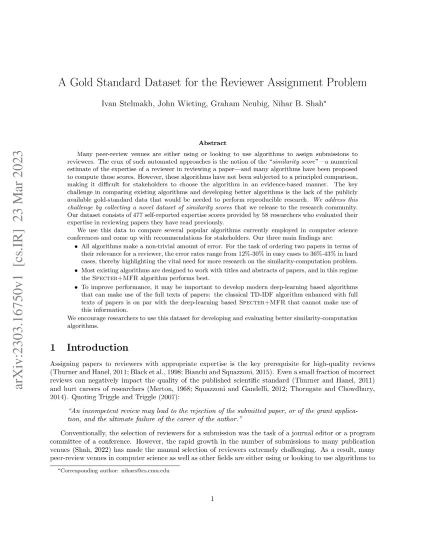 A Gold Standard Dataset For The Reviewer Assignment Problem Deepai