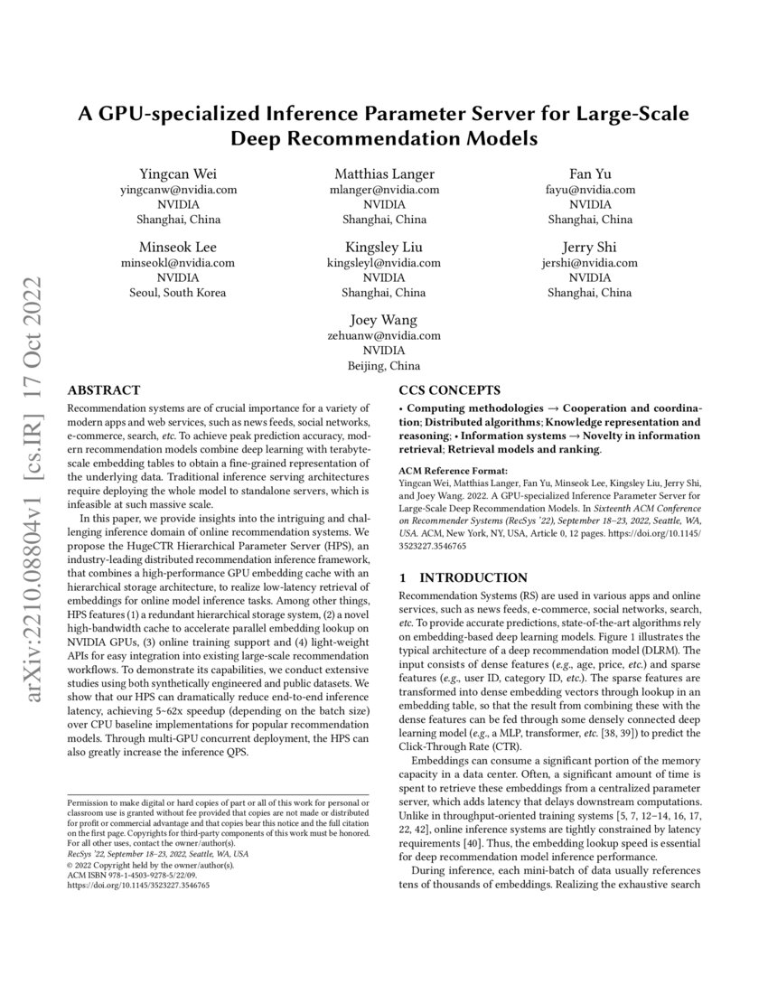 A Gpu Specialized Inference Parameter Server For Large Scale Deep Recommendation Models Deepai 
