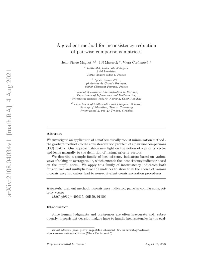 A Gradient Method For Inconsistency Reduction Of Pairwise Comparisons Matrices Deepai 5421