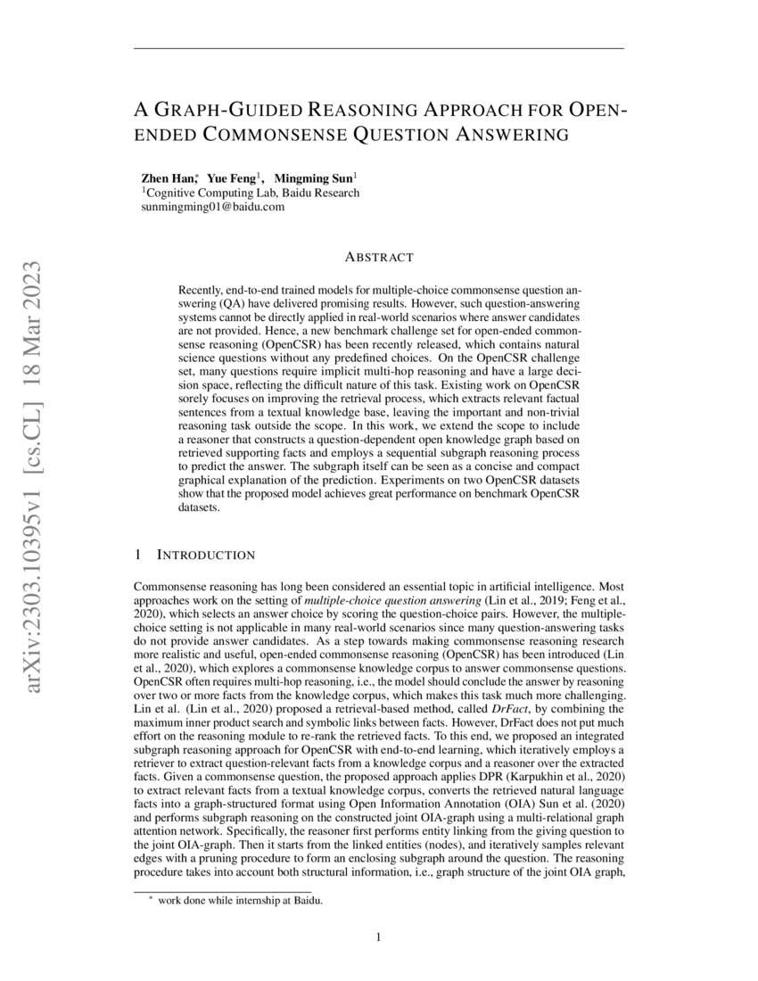 A Graph Guided Reasoning Approach For Open Ended Commonsense Question
