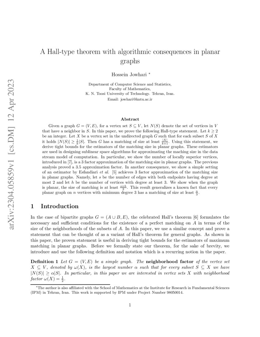 A Hall-type theorem with algorithmic consequences in planar graphs | DeepAI