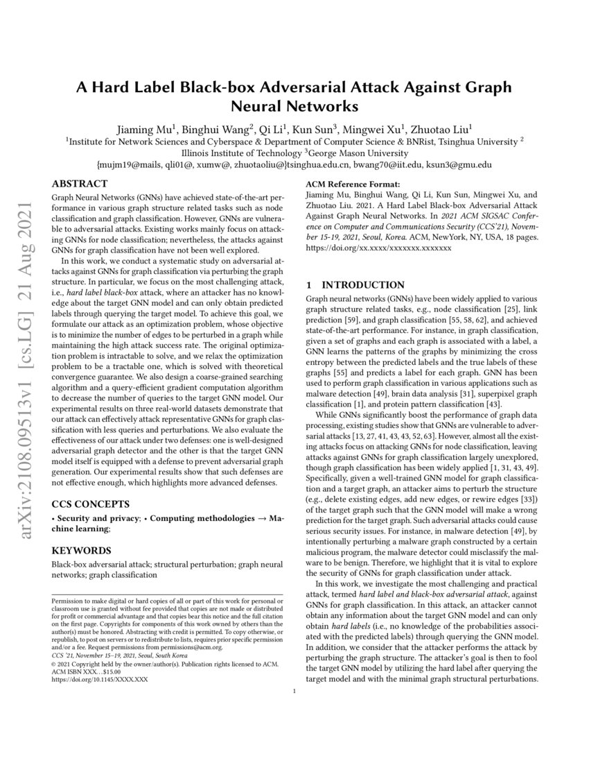 A Hard Label Black-box Adversarial Attack Against Graph Neural Networks | DeepAI