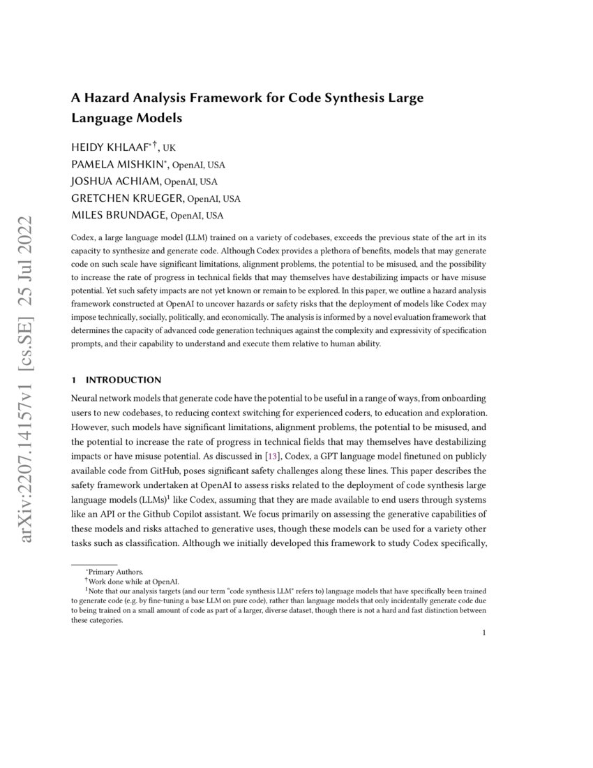 A Hazard Analysis Framework for Code Synthesis Large Language Models | DeepAI