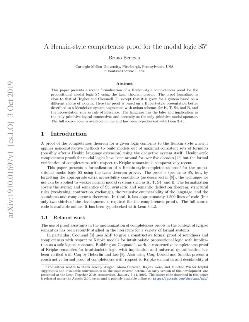 A Henkin Style Completeness Proof For The Modal Logic S5 Deepai