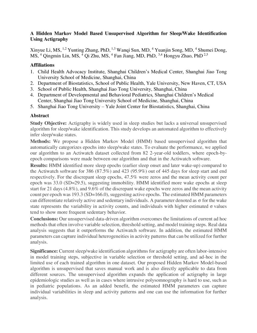 A Hidden Markov Model Based Unsupervised Algorithm for Sleep/Wake Identification Using ...