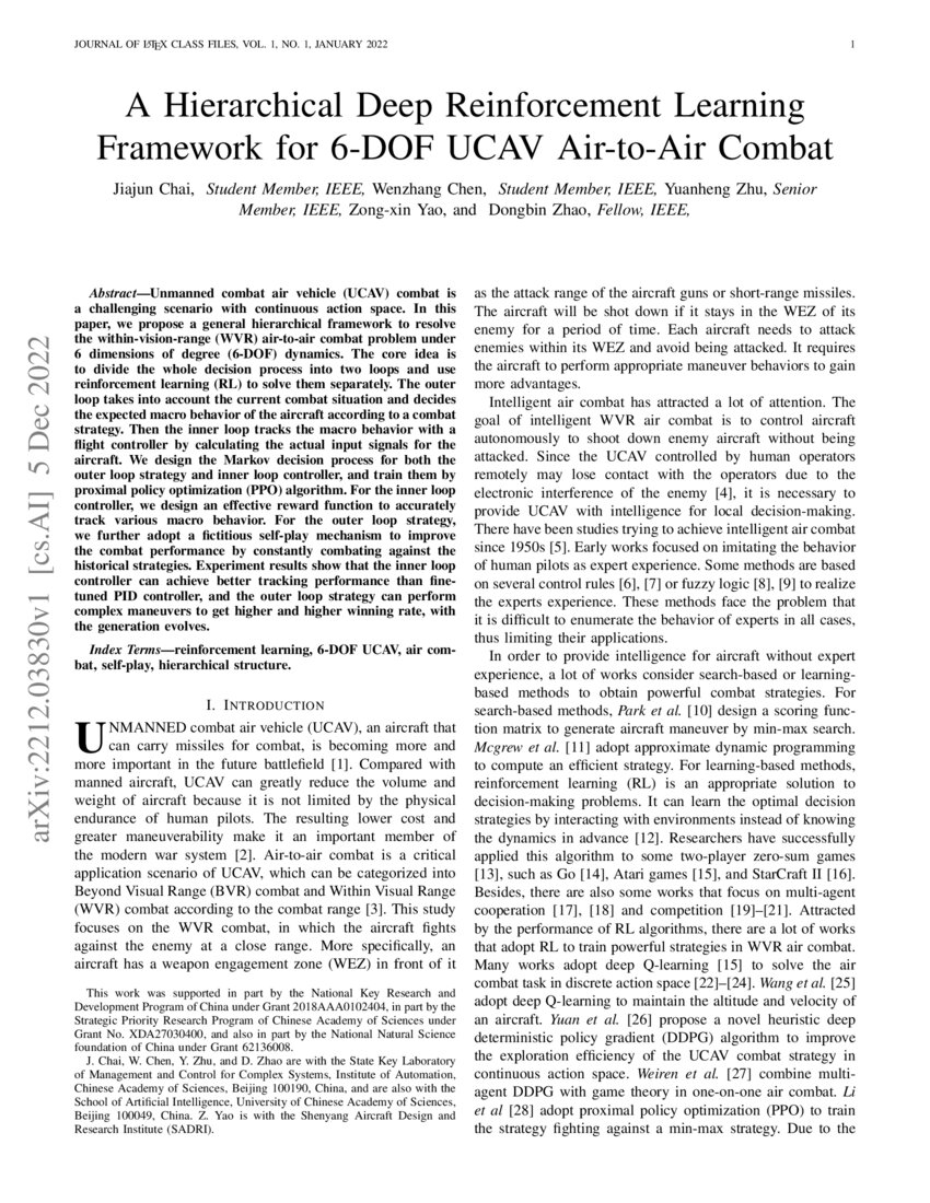 A Hierarchical Deep Reinforcement Learning Framework For 6 Dof Ucav Air To Air Combat Deepai