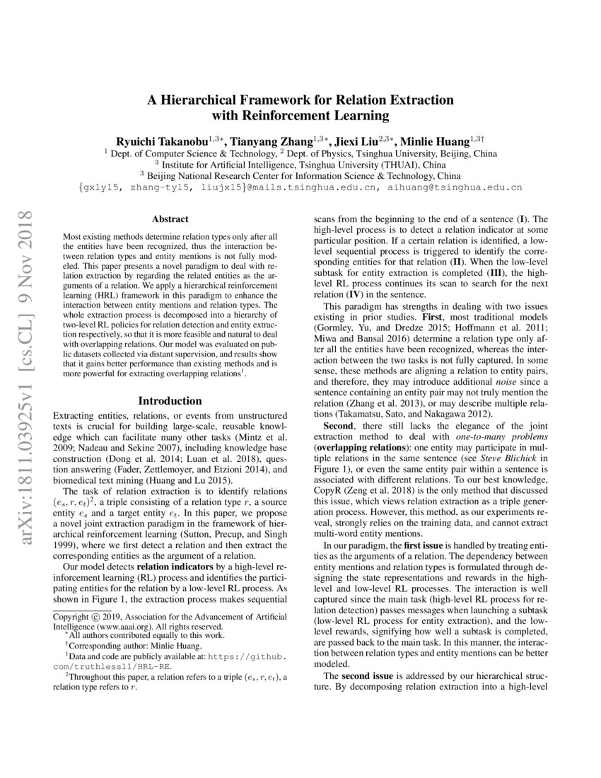 A Hierarchical Framework for Relation Extraction with Reinforcement Learning | DeepAI