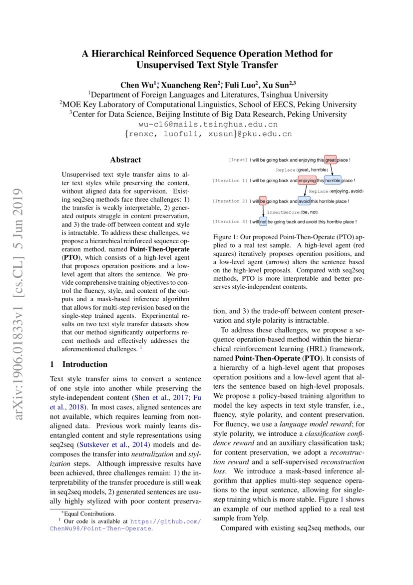 A Hierarchical Reinforced Sequence Operation Method For Unsupervised Text Style Transfer Deepai