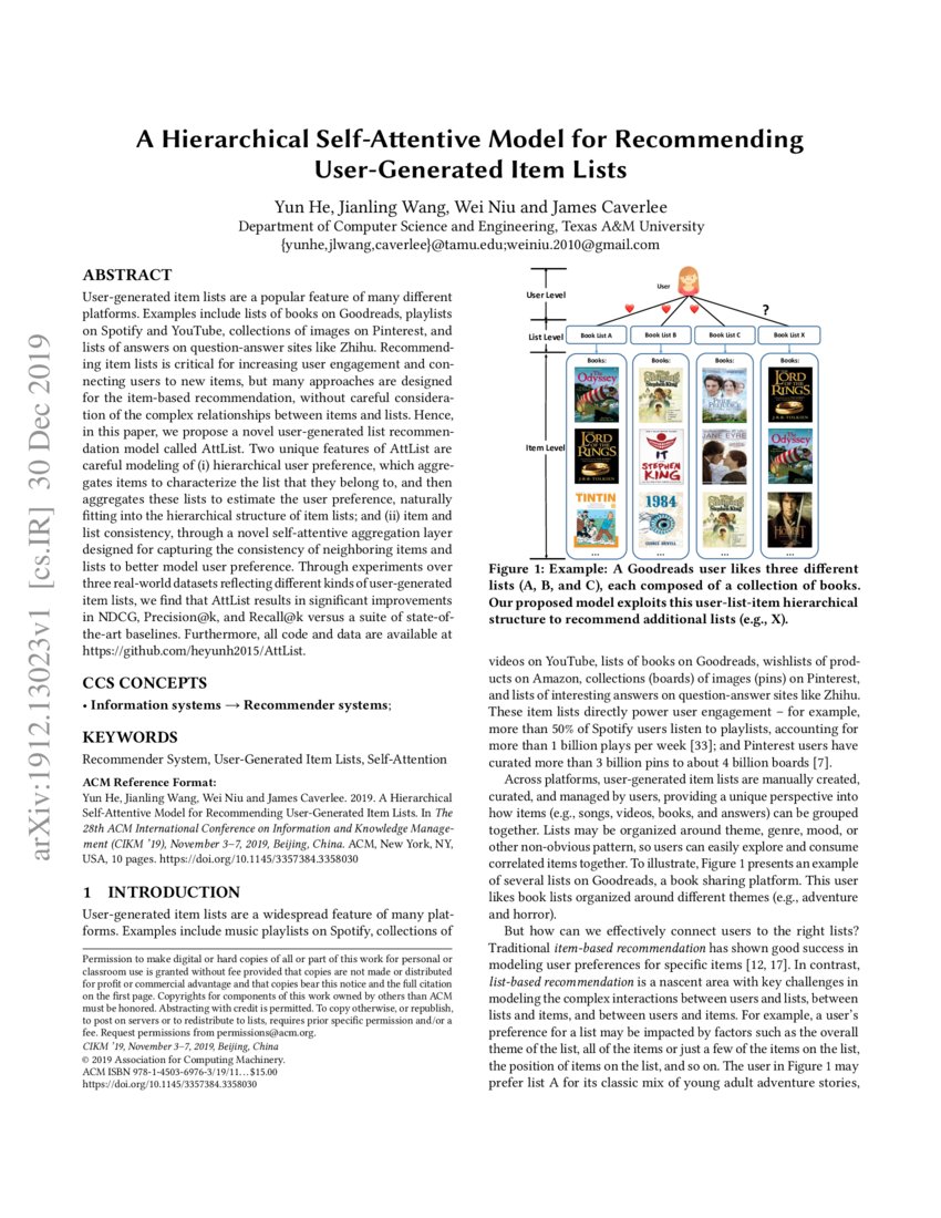 A Hierarchical Self-Attentive Model for Recommending User-Generated Item Lists | DeepAI
