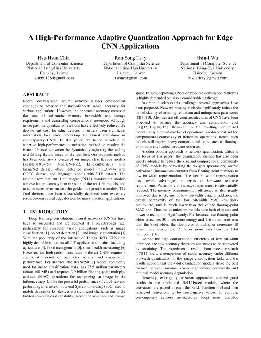 A High Performance Adaptive Quantization Approach For Edge Cnn Applications Deepai 