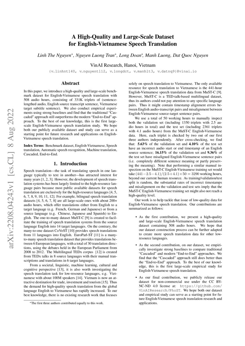 A High Quality And Large Scale Dataset For English Vietnamese Speech Translation Deepai