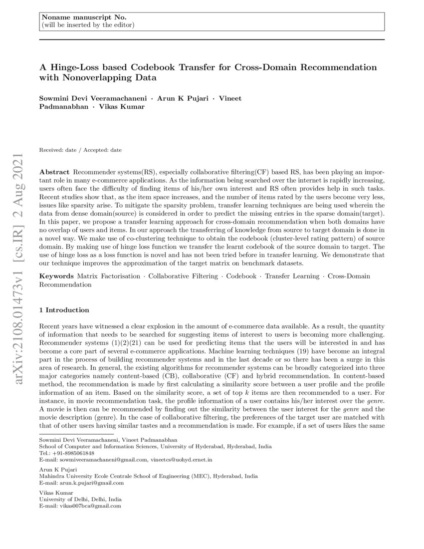 A Hinge Loss Based Codebook Transfer For Cross Domain Recommendation With Nonoverlapping Data 