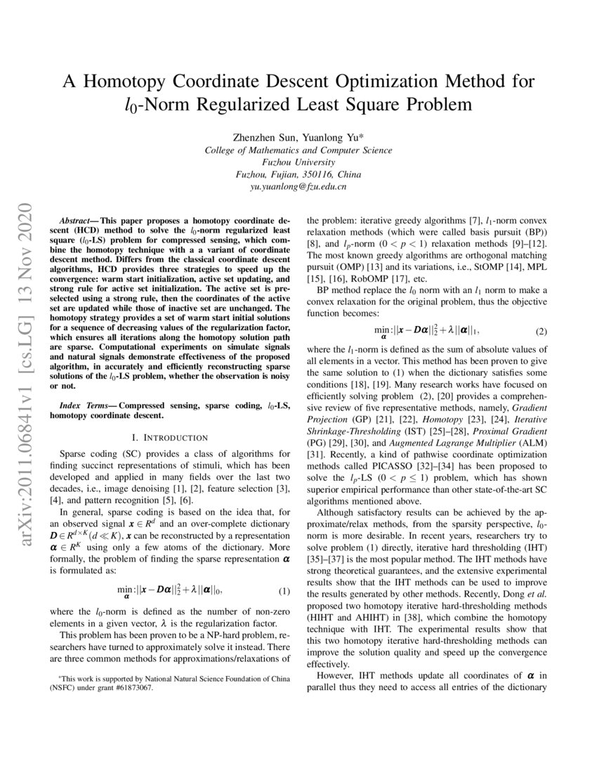 A Homotopy Coordinate Descent Optimization Method For L0 Norm Regularized Least Square Problem