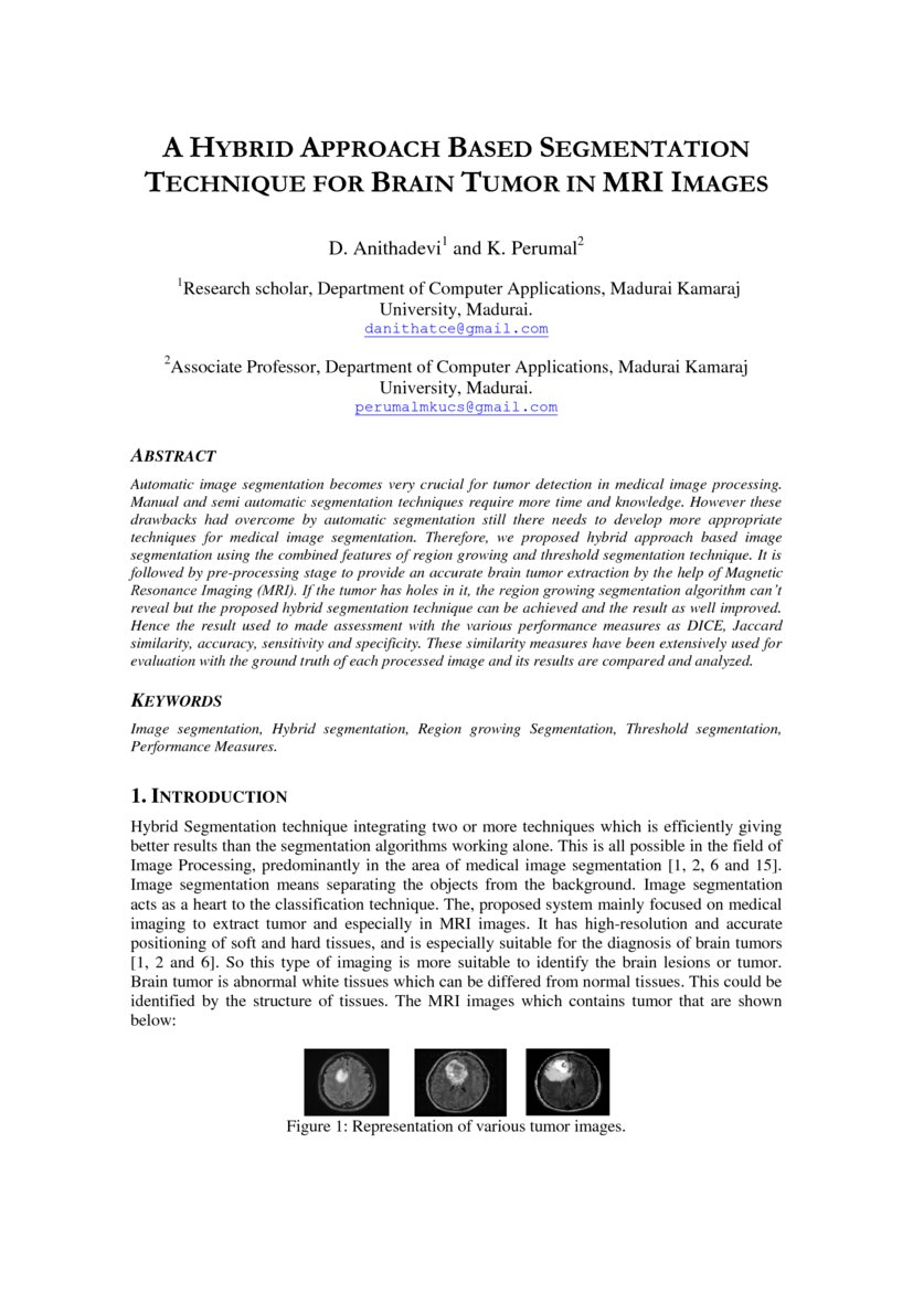 A Hybrid Approach Based Segmentation Technique For Brain Tumor In Mri Images Deepai