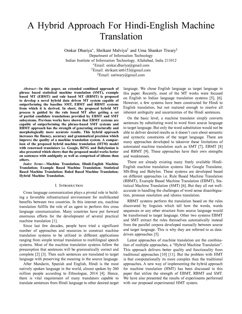 A Hybrid Approach For Hindi-English Machine Translation | DeepAI