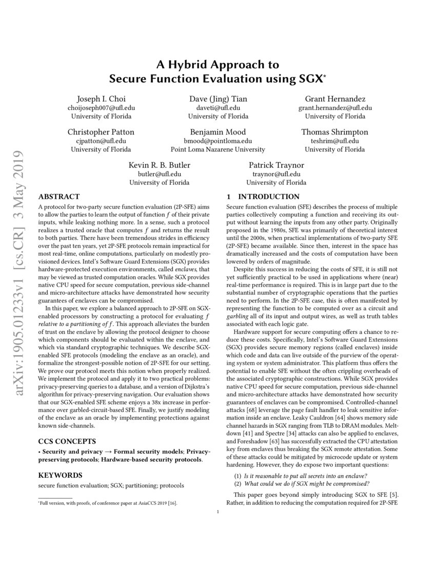 A Hybrid Approach To Secure Function Evaluation Using Sgx Deepai