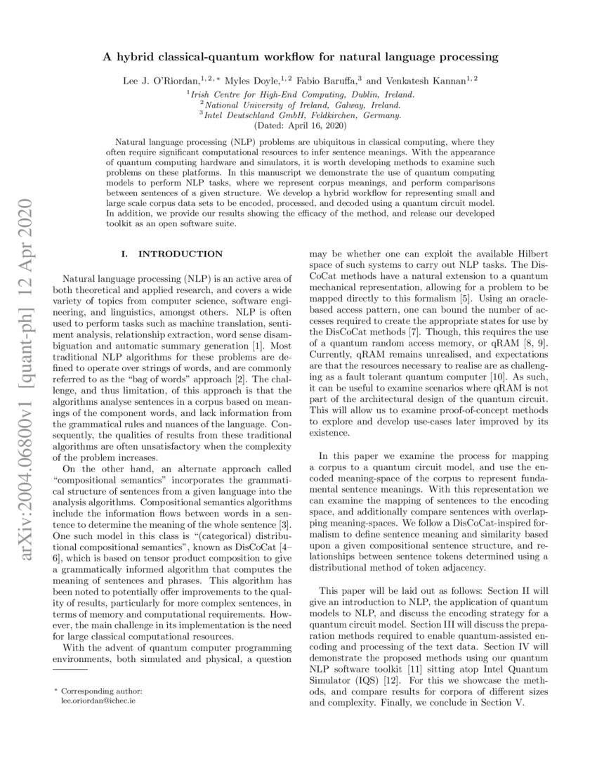 A Hybrid Classical Quantum Workflow For Natural Language Processing Deepai