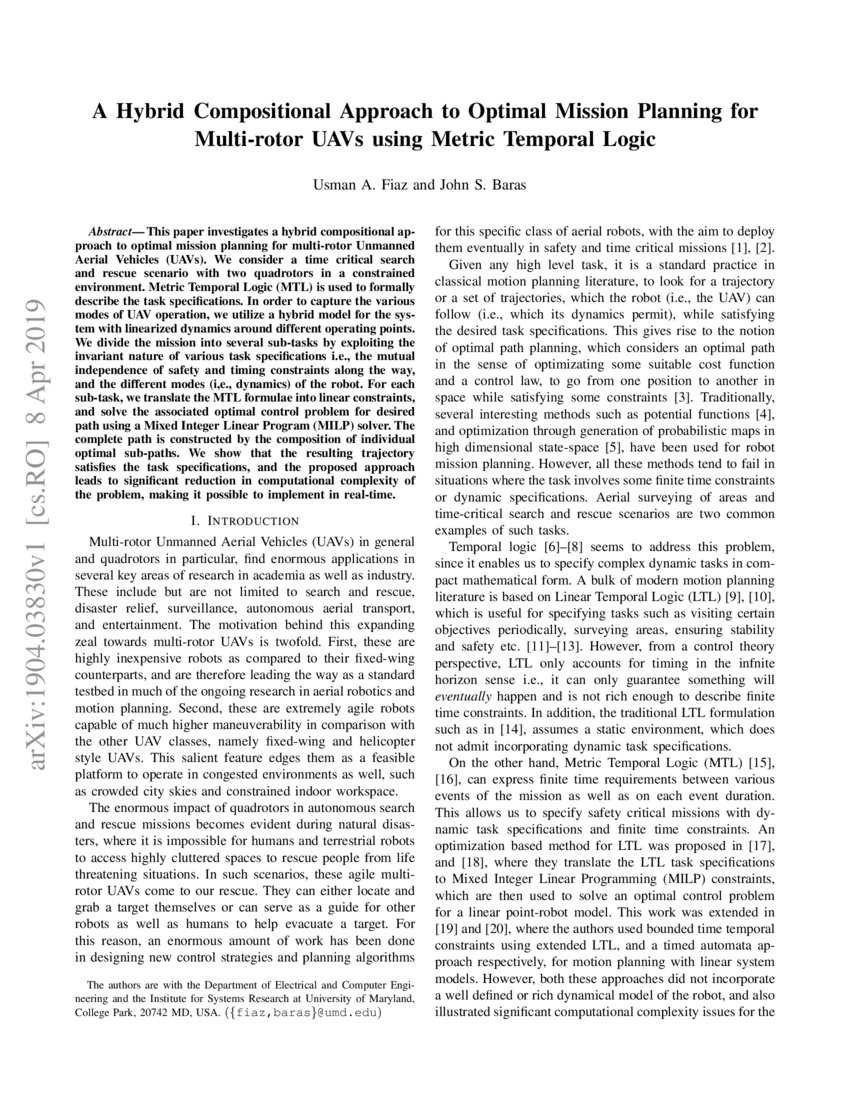 A Hybrid Compositional Approach To Optimal Mission Planning For Multi Rotor Uavs Using Metric 