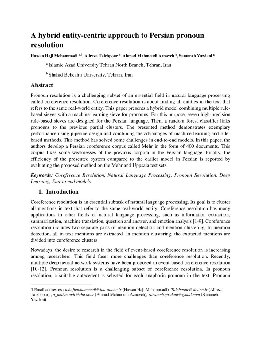 A Hybrid Entity Centric Approach To Persian Pronoun Resolution Deepai