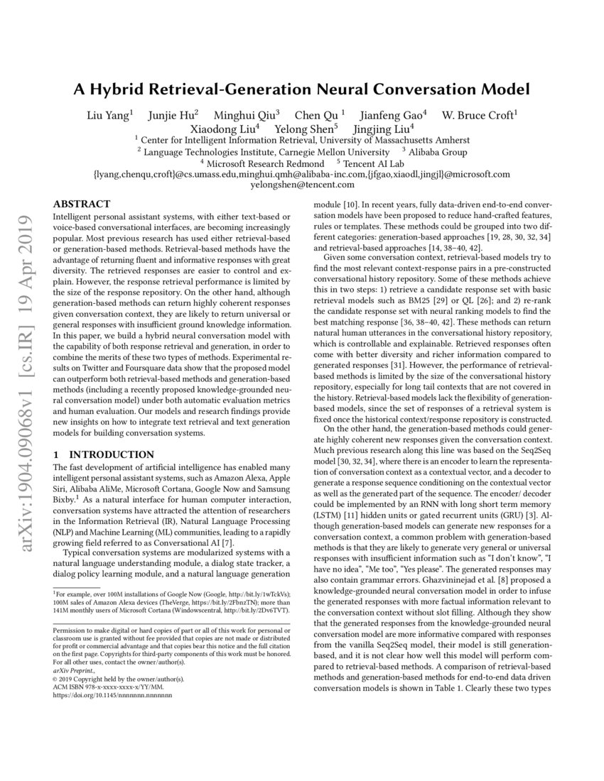 A Hybrid Retrieval-Generation Neural Conversation Model | DeepAI