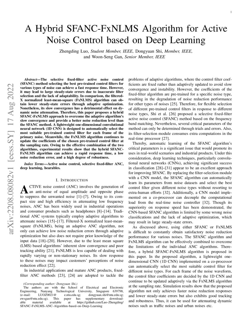 A Hybrid SFANC-FxNLMS Algorithm for Active Noise Control based on Deep Learning | DeepAI
