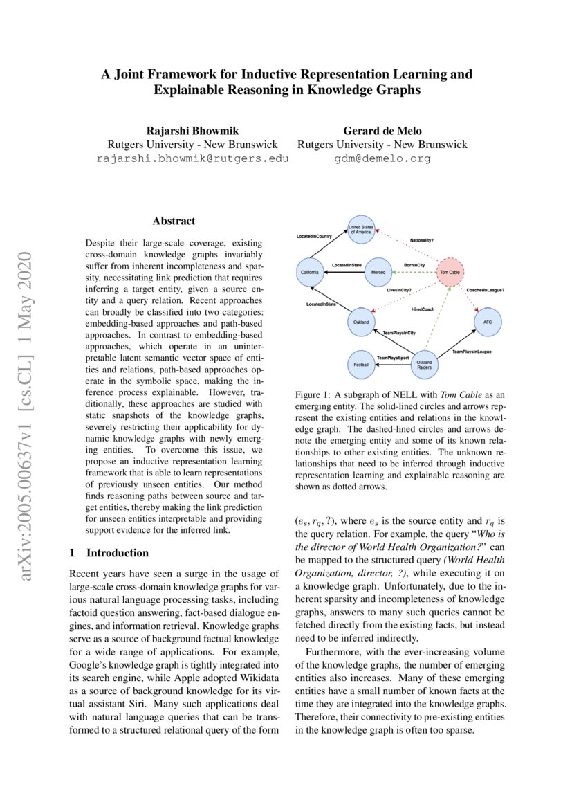 A Joint Framework For Inductive Representation Learning And Explainable Reasoning In Knowledge