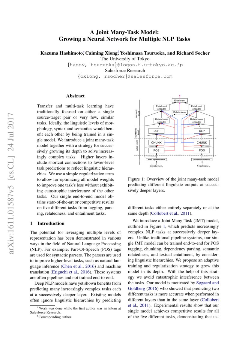 A Joint Many Task Model Growing A Neural Network For Multiple Nlp