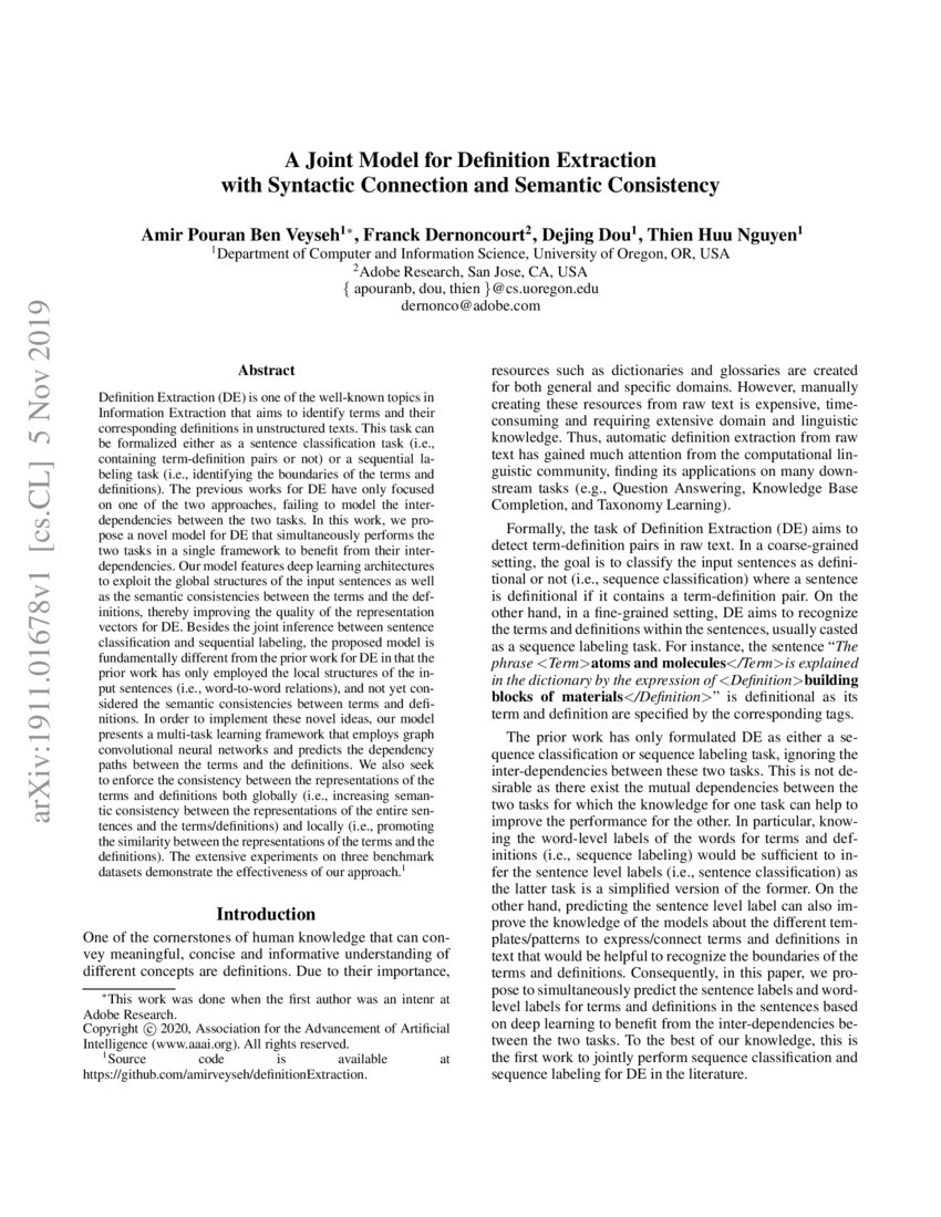 A Joint Model For Definition Extraction With Syntactic Connection And Semantic Consistency Deepai