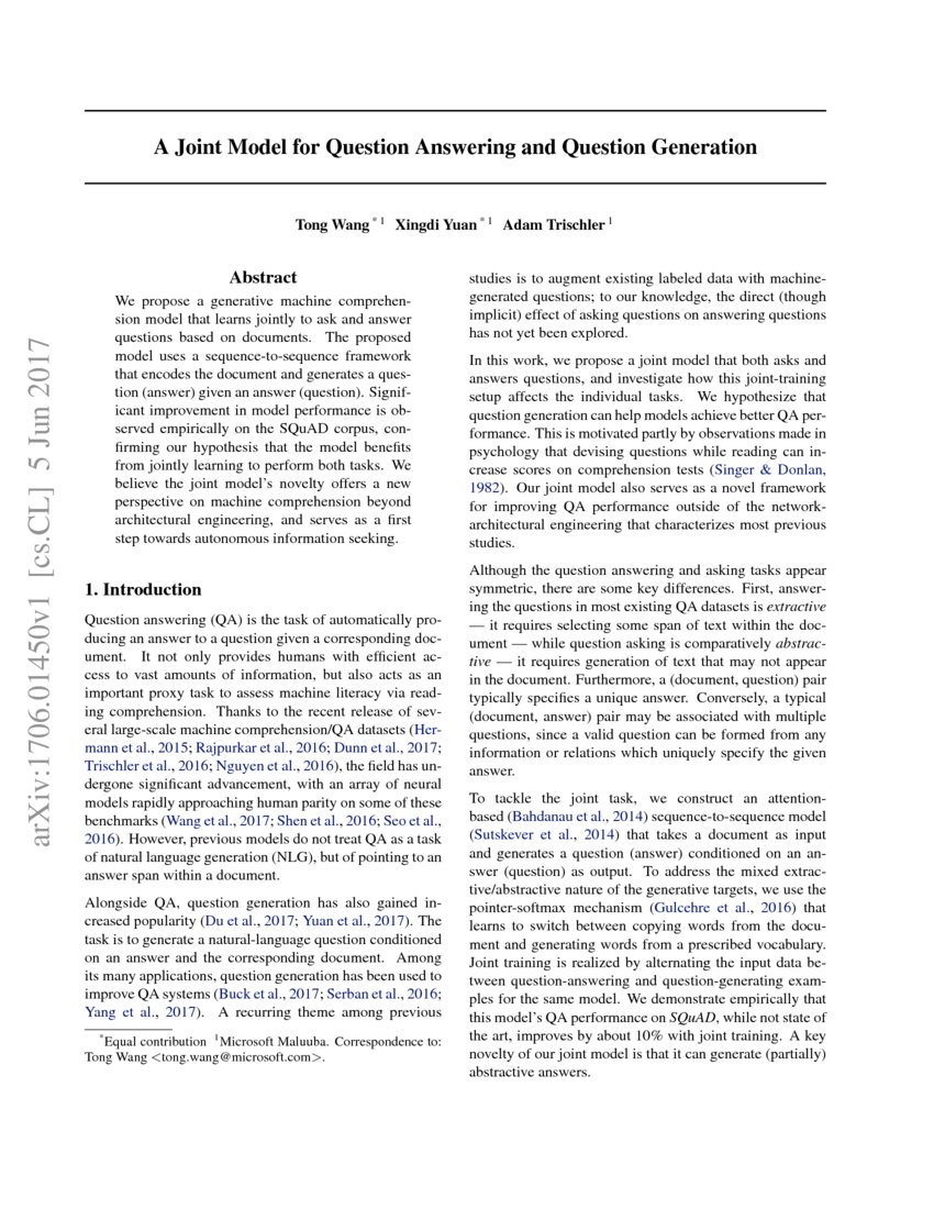 A Joint Model for Question Answering and Question Generation | DeepAI