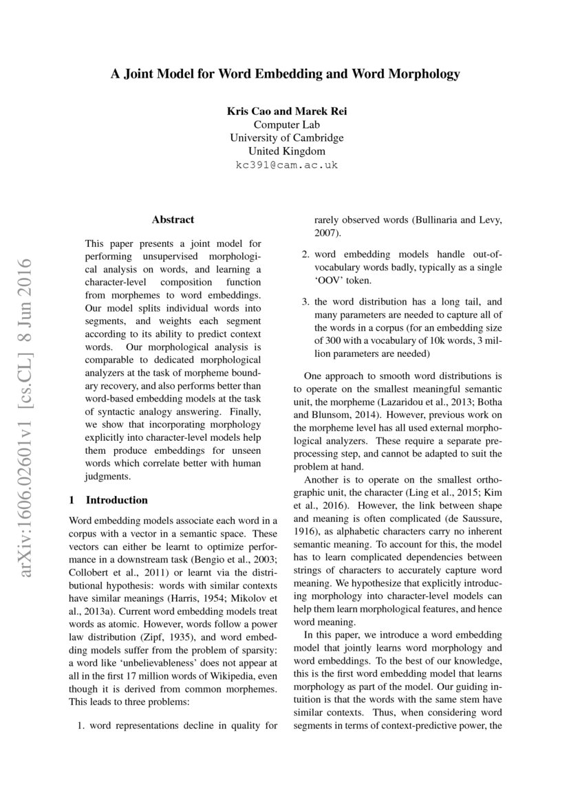 A Joint Model for Word Embedding and Word Morphology | DeepAI