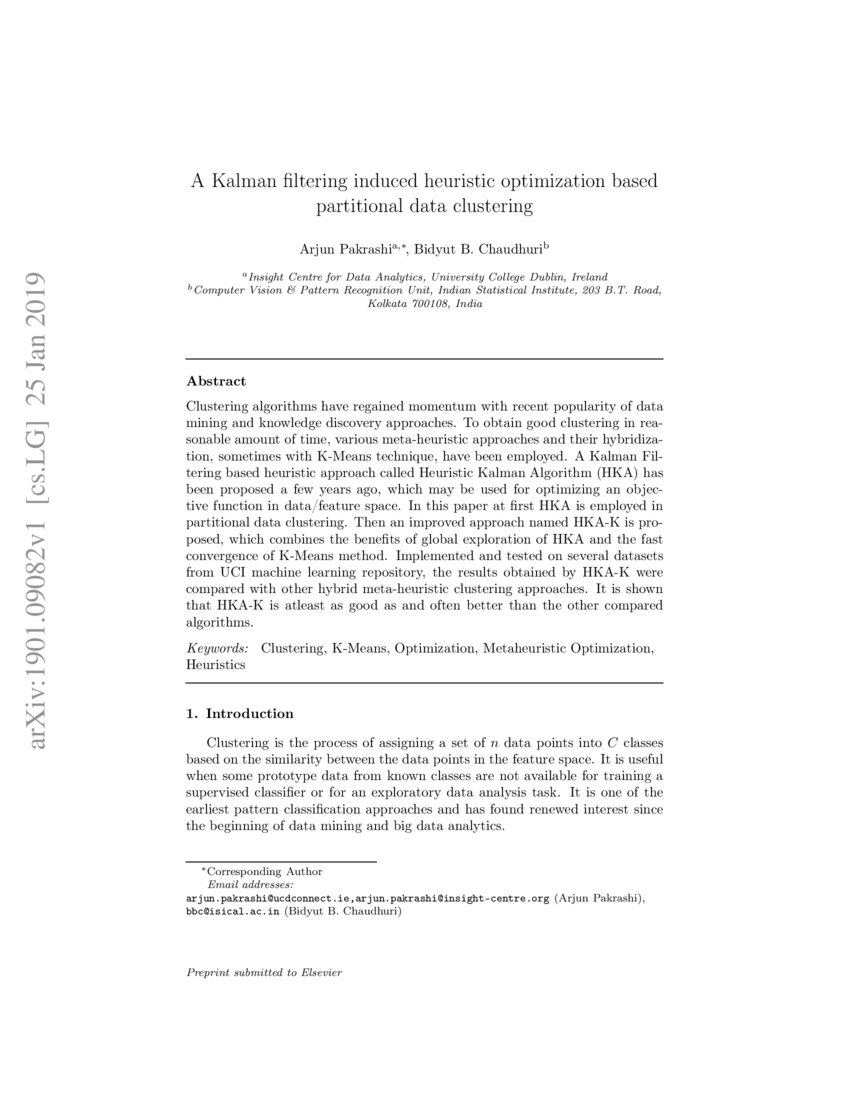 A Kalman Filtering Induced Heuristic Optimization Based Partitional Data Clustering Deepai