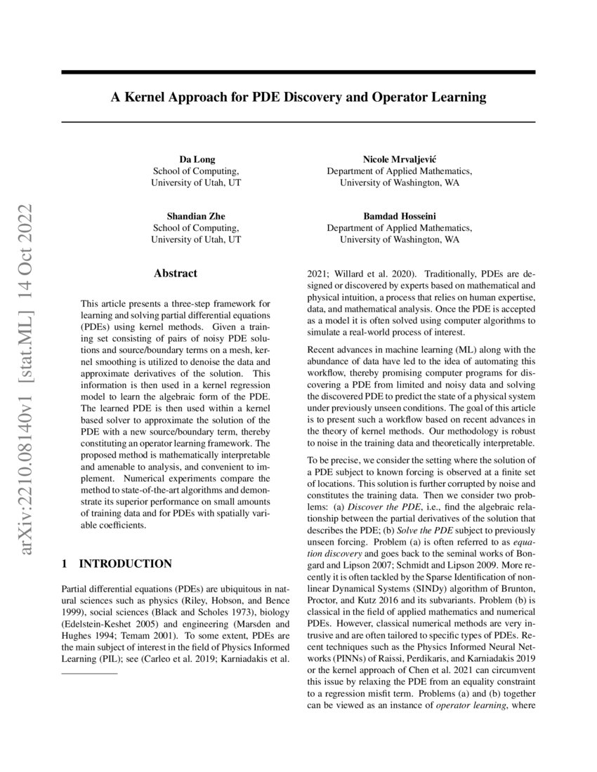 A Kernel Approach For Pde Discovery And Operator Learning Deepai