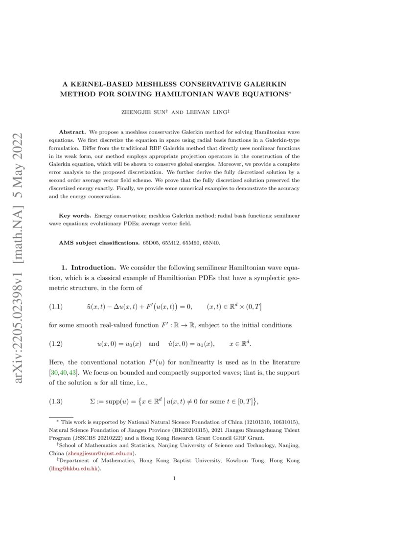 A kernel-based meshless conservative Galerkin method for solving Hamiltonian wave equations | DeepAI