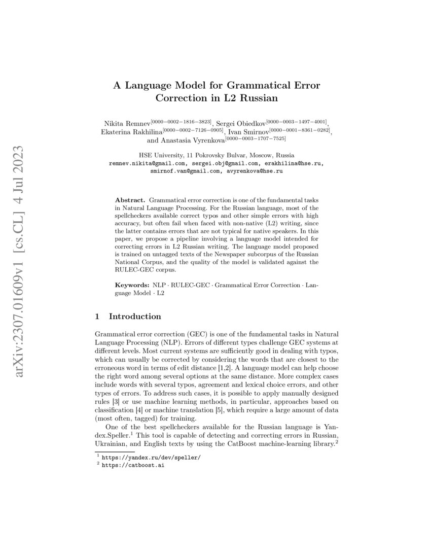 A Language Model for Grammatical Error Correction in L2 Russian | DeepAI A Language Model for Grammatical Error Correction in L2 Russian | DeepAI