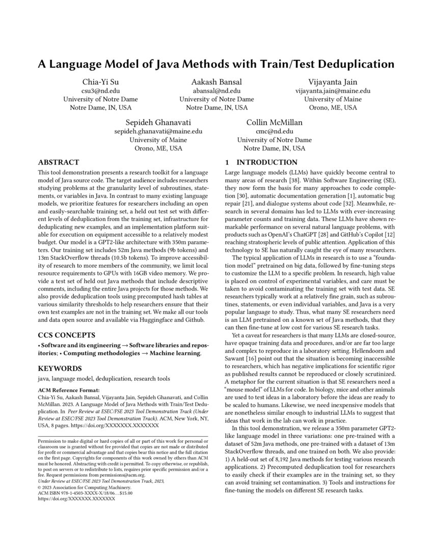 A Language Model of Java Methods with Train/Test Deduplication | DeepAI