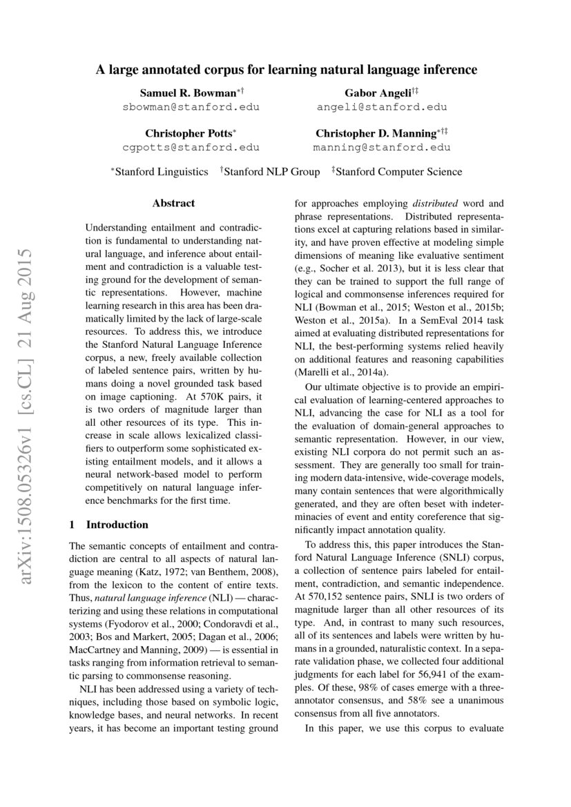 A Large Annotated Corpus For Learning Natural Language Inference Deepai